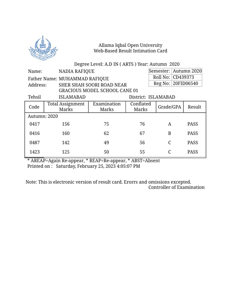 AIOU Online Web-Based Result PDF | PDF