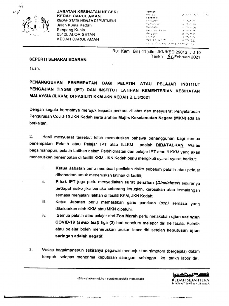 Bil 3 2021 - Pembatalan Penangguhan Penempatan Bagi Pelatih Atau Pelajar Ipt Dan Ilkkm Di ...