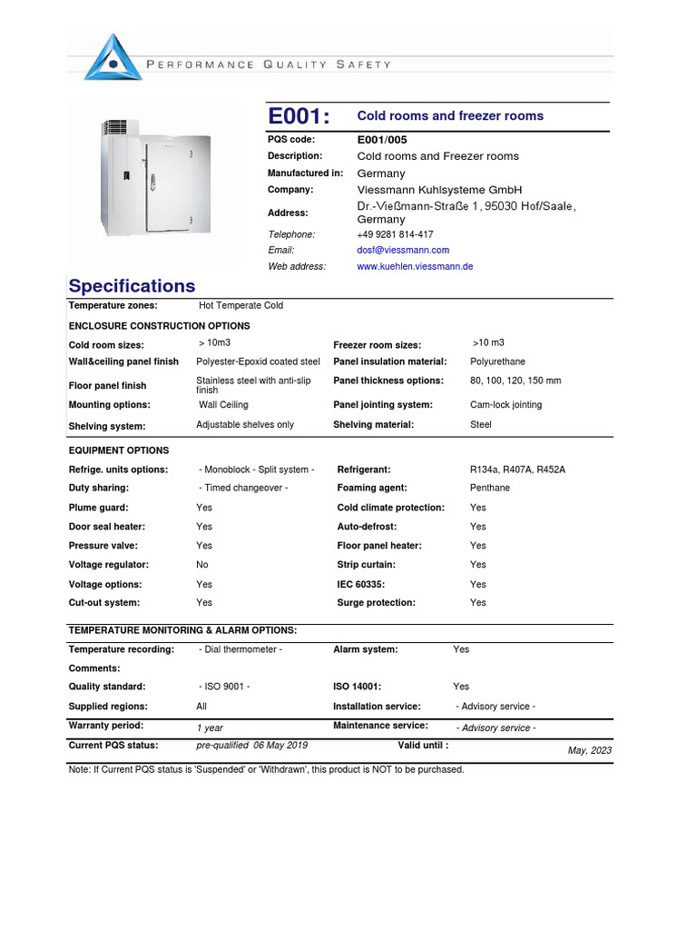 Viessmann Cold Room Specifications | PDF | Refrigerator | Refrigeration