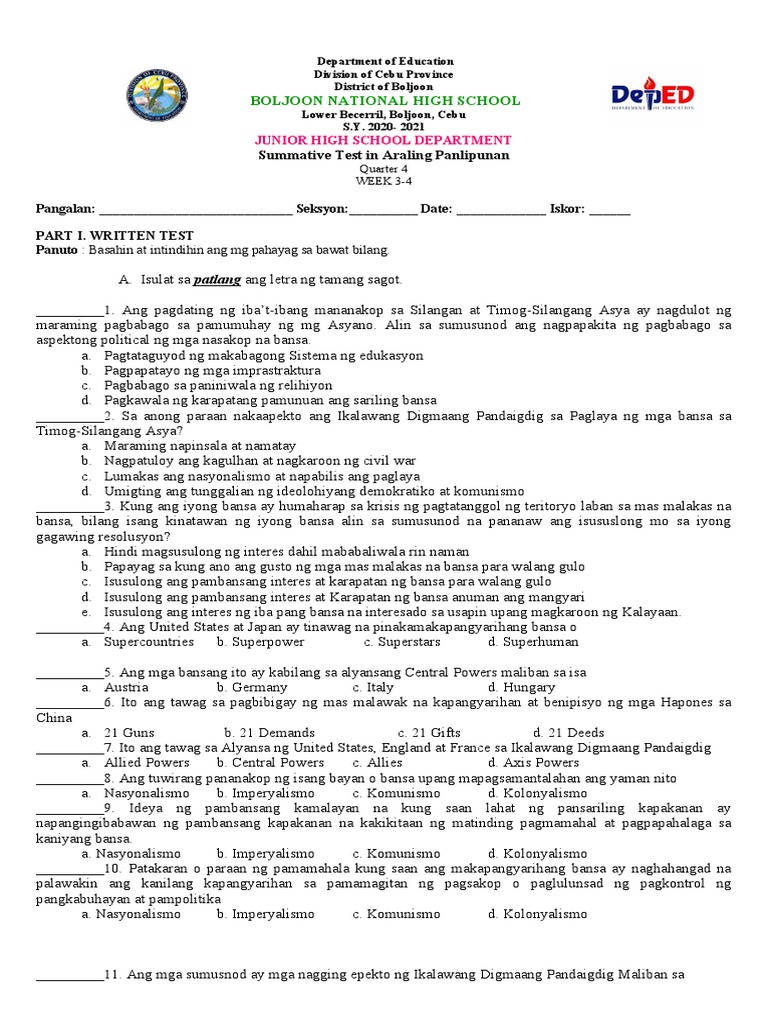 Summative Test Week-3-4 AP | PDF