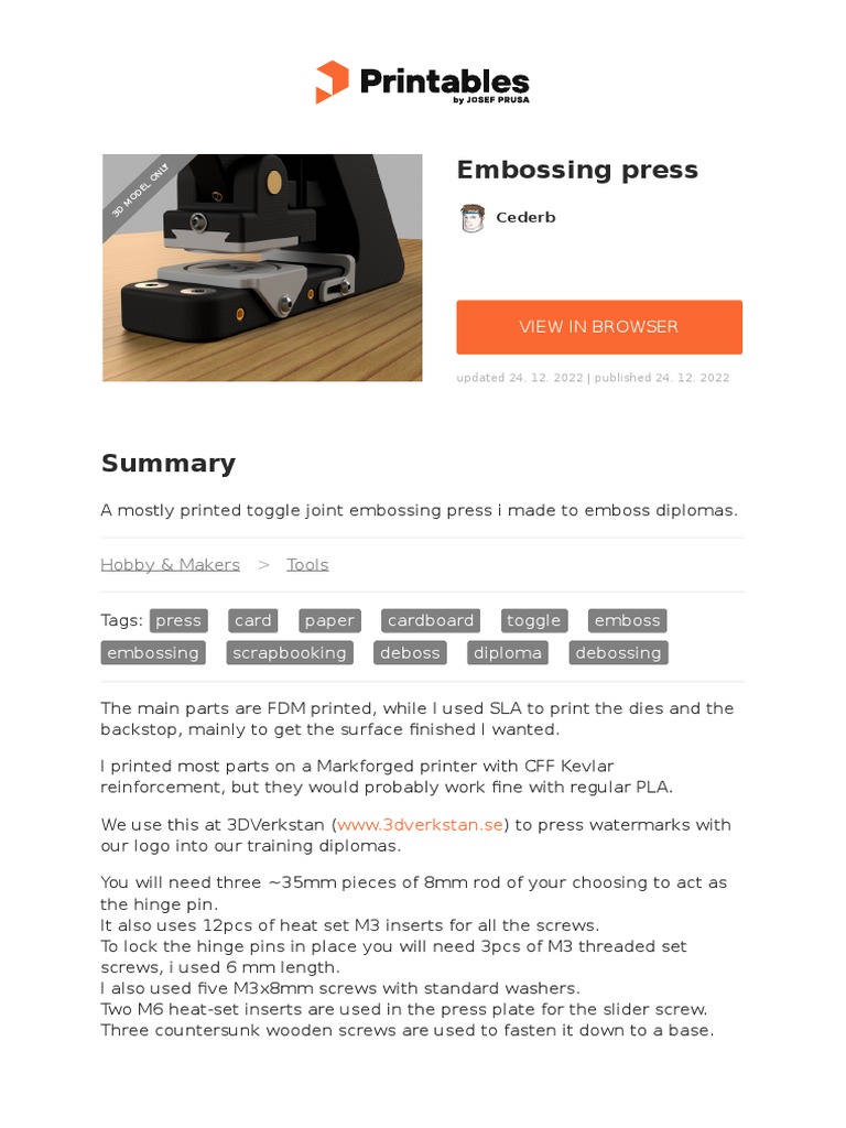 3D Printed Embossing Press Design | PDF | Screw | Manufactured Goods