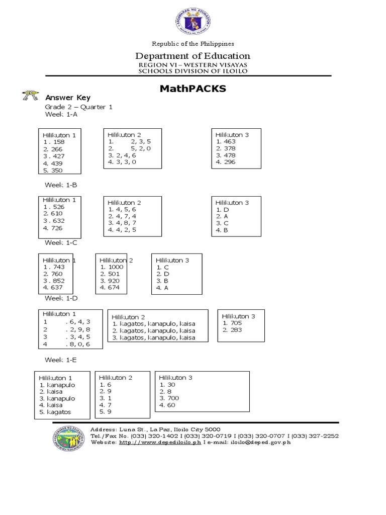 Grade 2 Math Answer Key Q1 Wk 2 | PDF