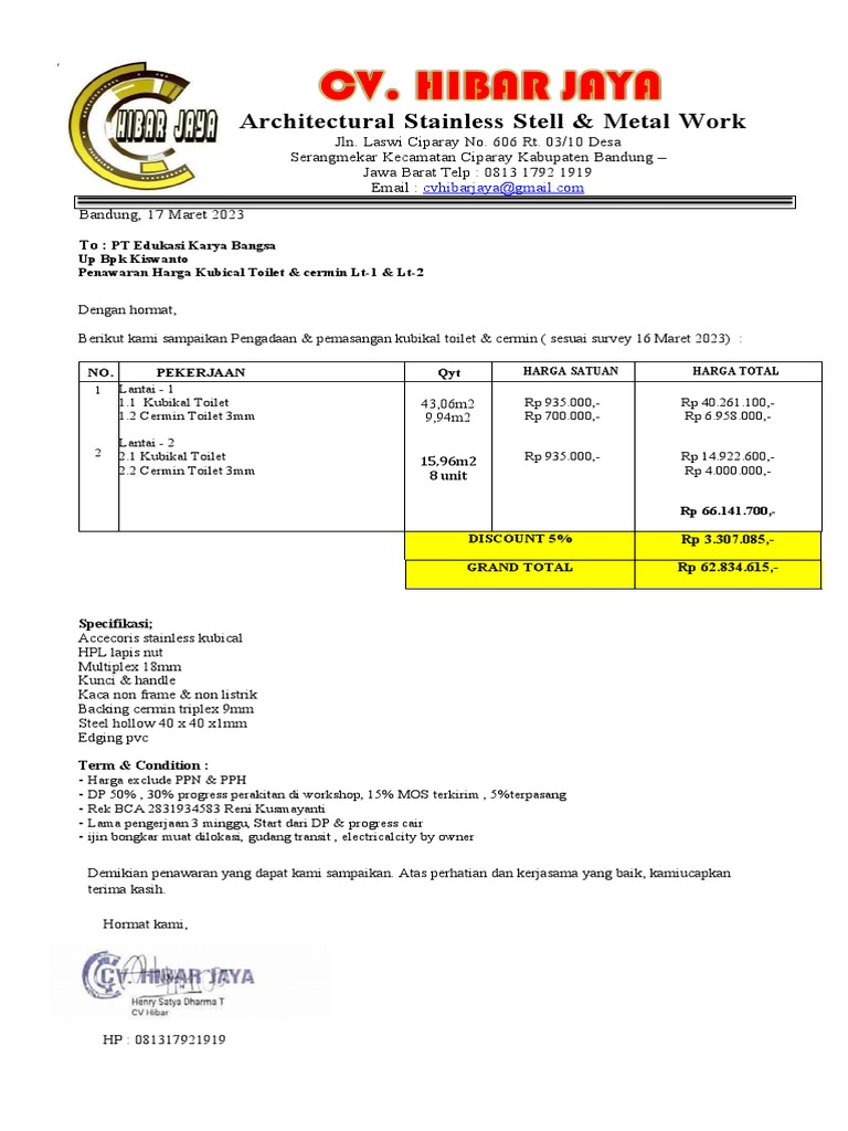 Penawaran Harga CV Hibar Jaya Untuk Penawaran Pemasangan Dan Pengadaan 2 Salinan Salinan | PDF
