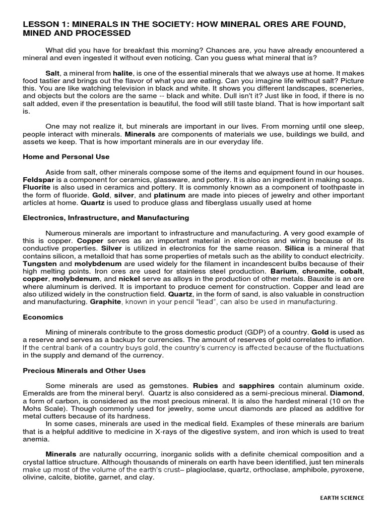Lesson 1 Minerals in The Society PDF | PDF | Mining | Minerals