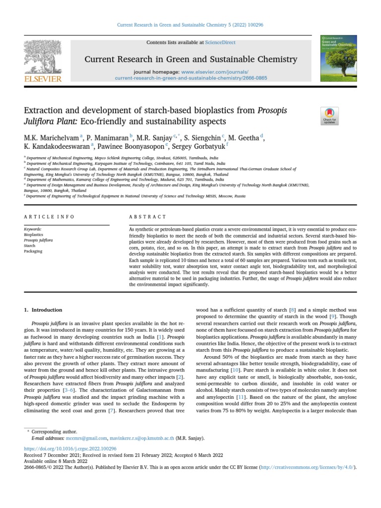 Extraction and Development of Starch-Based Bioplastics From Prosopis Juliflora Plant Eco ...