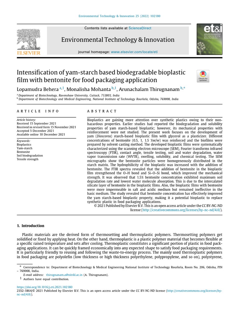 Intensification of Yam-Starch Based Biodegradable Bioplastic Film With ...