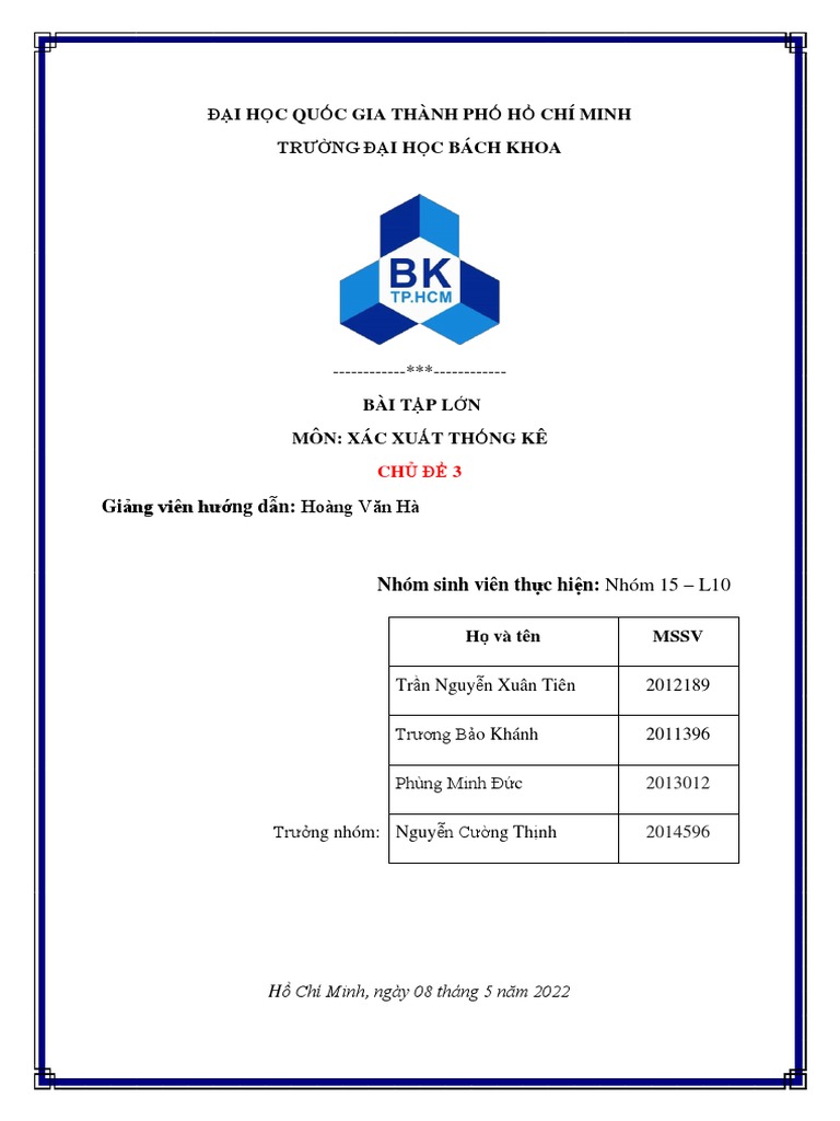 (Nộp BTL XS-TK) Nhóm 15 - Chủ đề 3 - Lớp L10 PDF | PDF