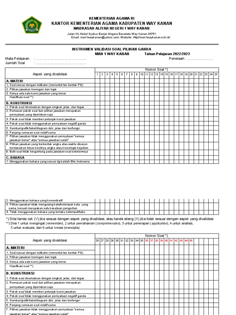 Instrumen Validasi Soal Ma | PDF
