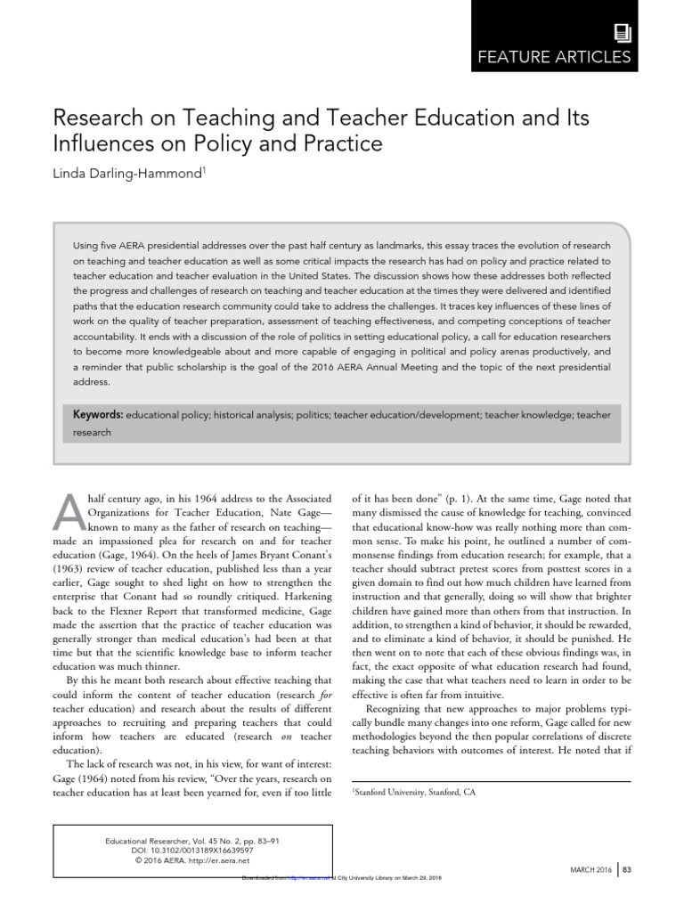 Research On Teaching and Teacher Education and Its Influences On Policy ...