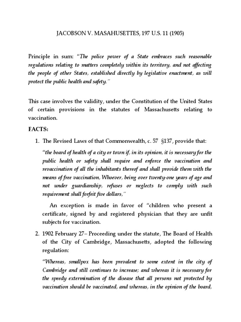 Jacobson V Massachusetts (1905) | PDF | Police Power (United States ...