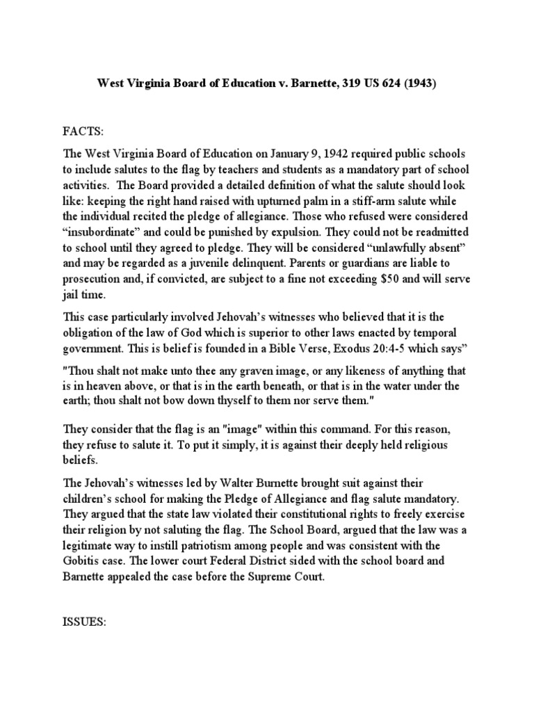 West Virginia v. Barnette Case Summary | PDF | First Amendment To The ...