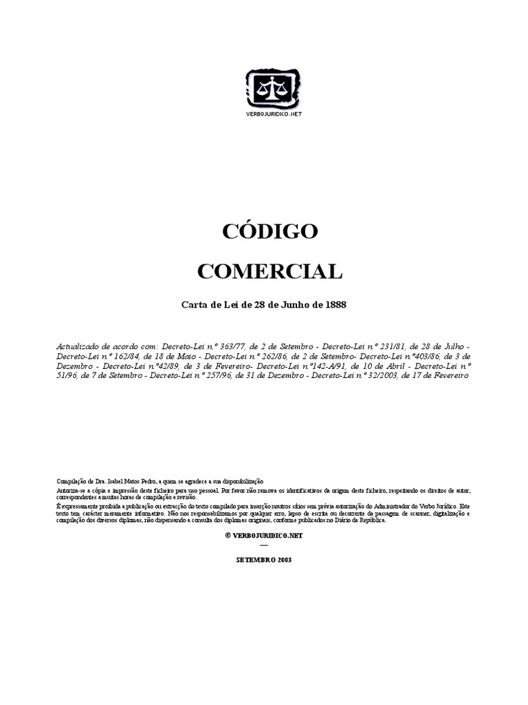 Código Comercial de 1888 | PDF | Direito Comercial | Direito Civil ...