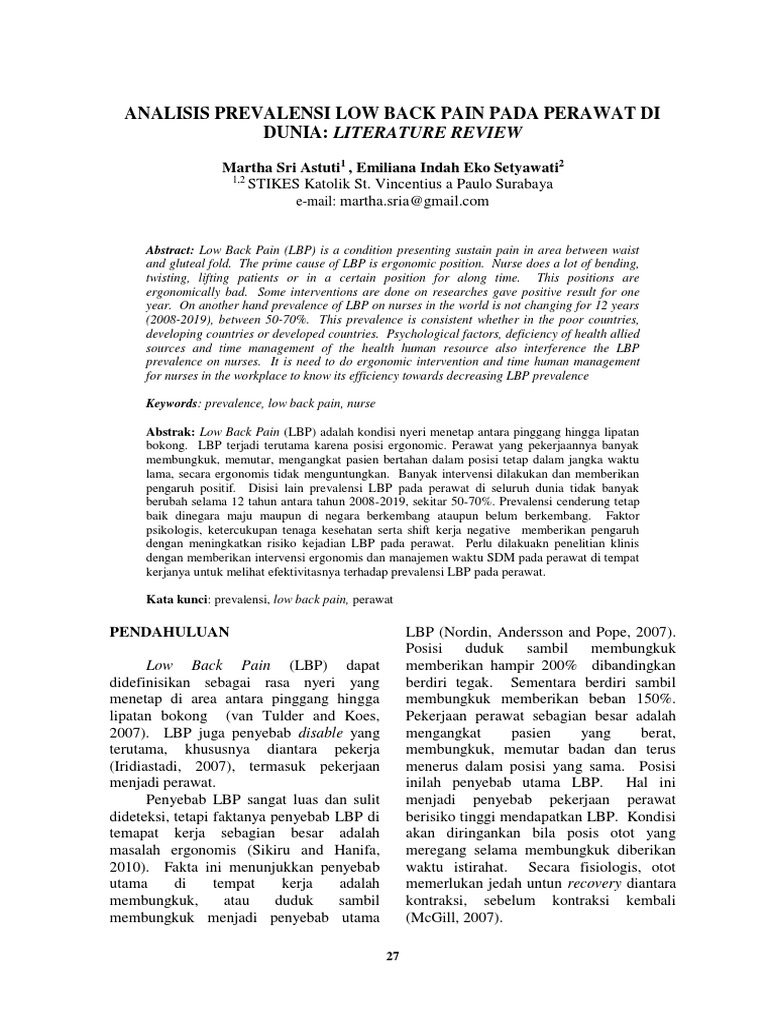 Analisis Prevalensi Low Back Pain Pada Perawat Di Dunia: Literature ...