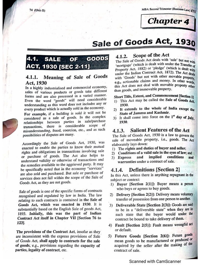 Unit-5 First Part of Sales of Goods Act | PDF