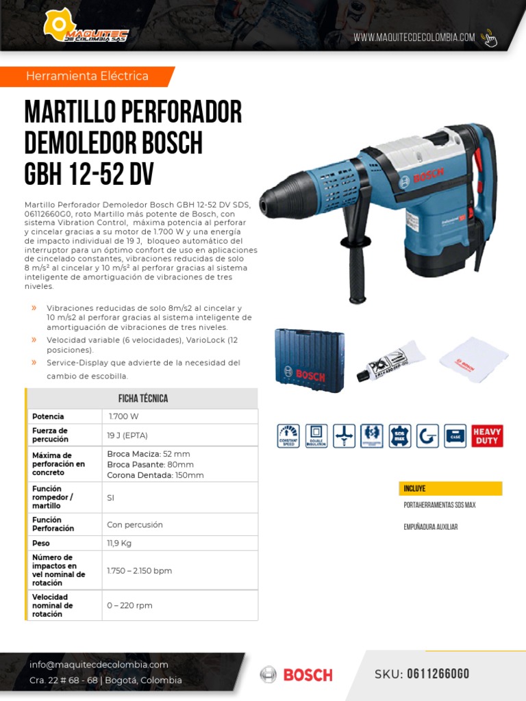 Ficha Tecnica Martillo Perforador Demoledor Bosh gbh12 52dv Maquitec de ...