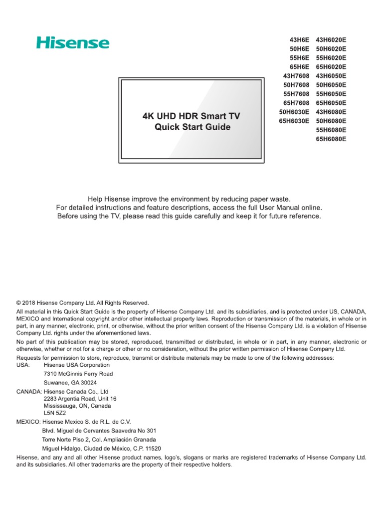Hisense 4k Uhd HDR Smart TV Manual Original PDF | PDF