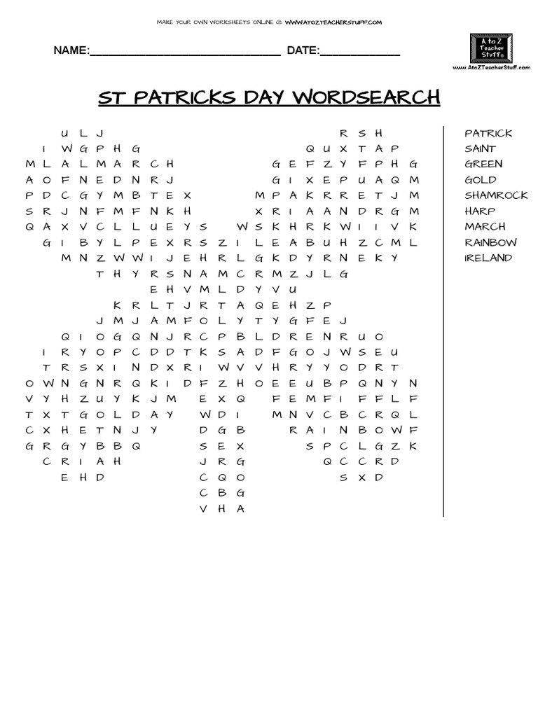ST Patrick's Day Wordsearch | PDF