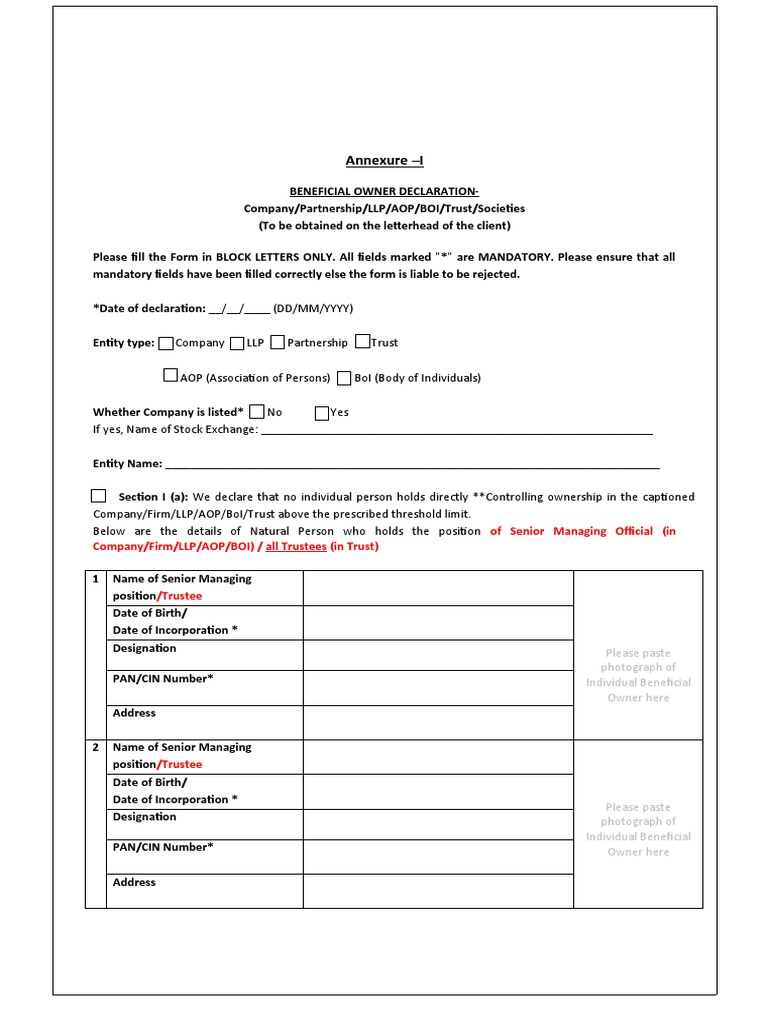 Beneficial Owner Declaration - Annexure I | PDF | Trust Law | Limited Liability Partnership