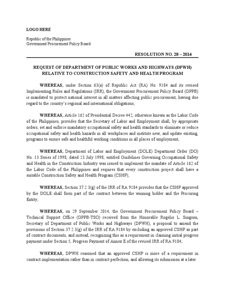 DPWH Resolution No.28-2014 | PDF | Occupational Safety And Health ...