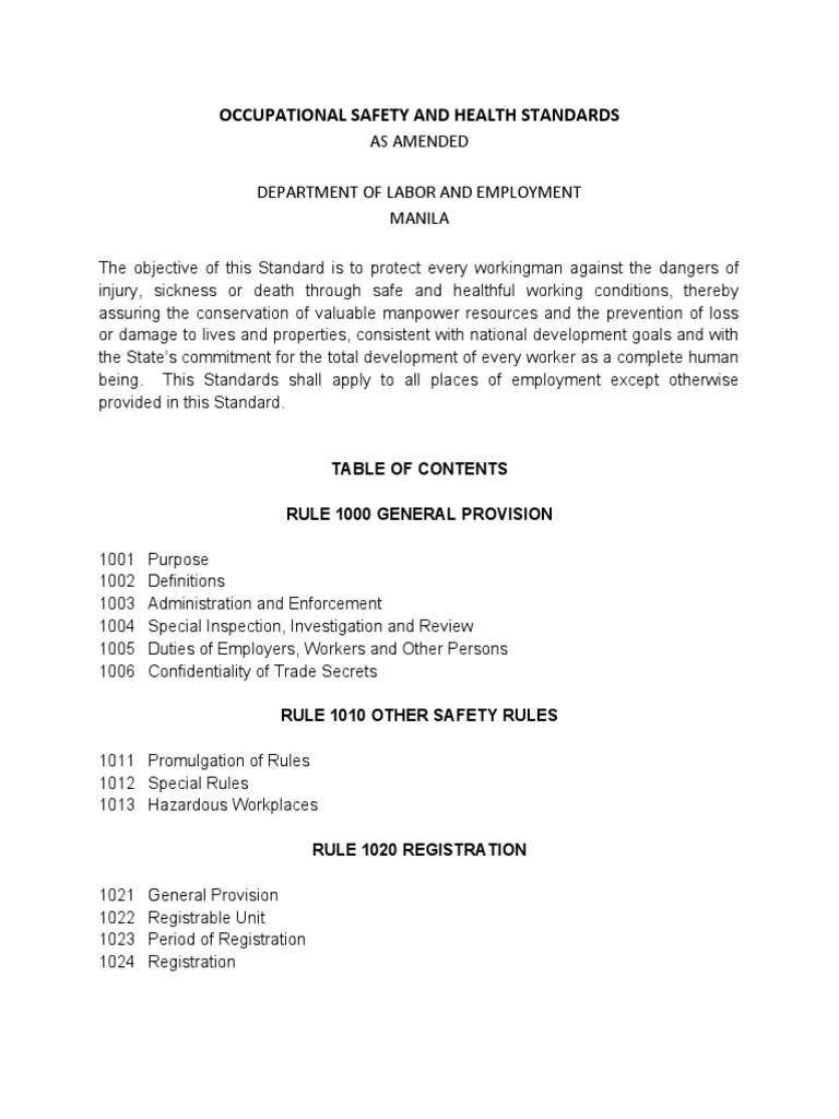 2 - Dole Occupational Safety and Health Standards | PDF | Occupational ...