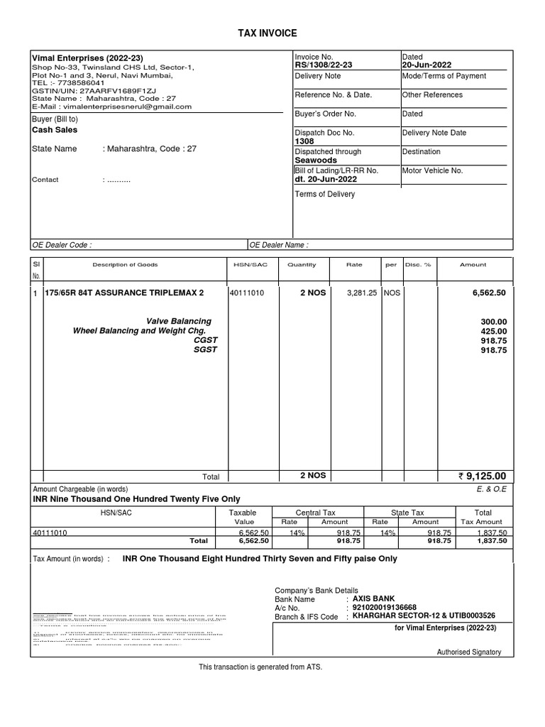 Vimal Enterprises Tax Invoice 2022-23 | PDF | Invoice | Taxes