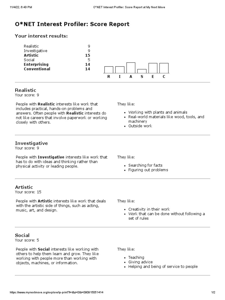 O - NET Interest Profiler - Score Report at My Next Move PDF | PDF ...