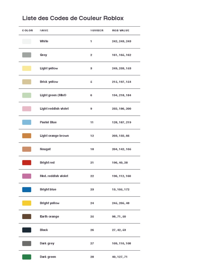Codes Couleur Roblox | PDF | Yellow | Grey