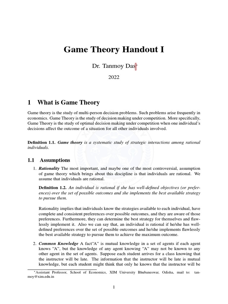 Game Theory Handout 1 | PDF | Microeconomics | Entertainment