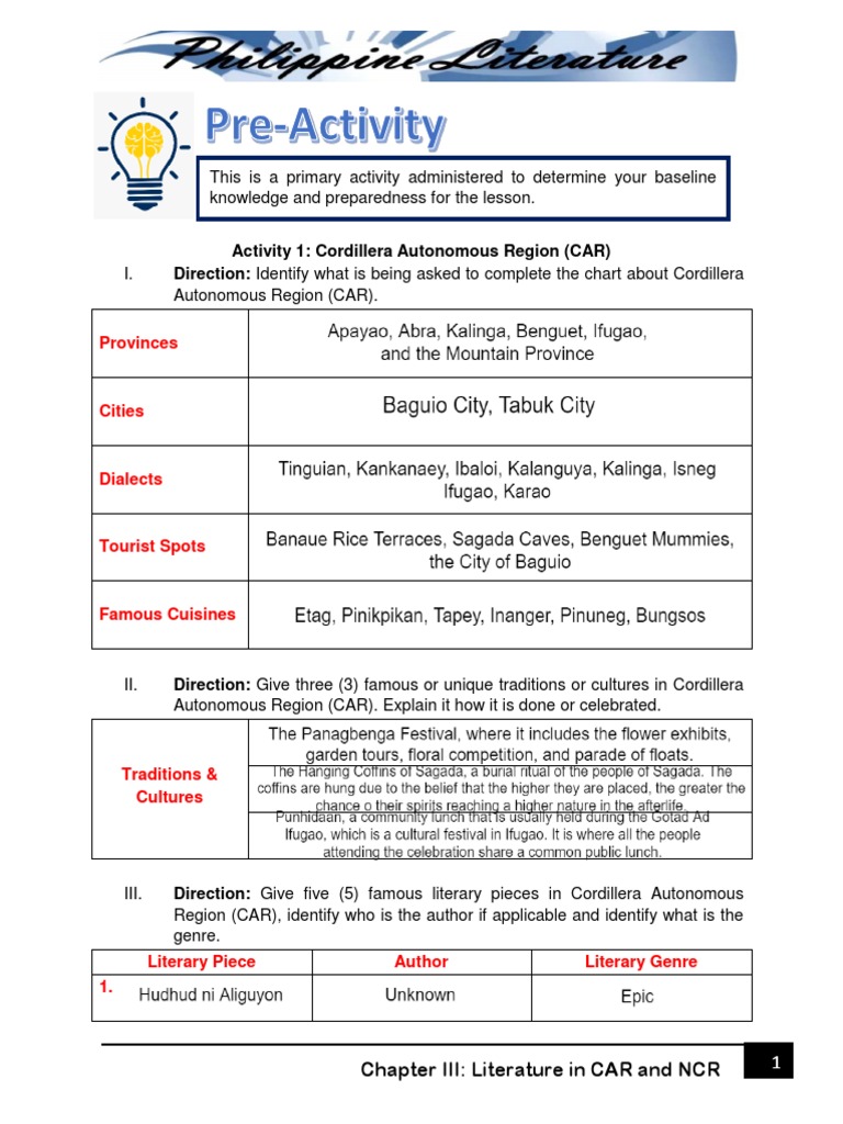 Provinces: Chapter III: Literature in CAR and NCR | PDF