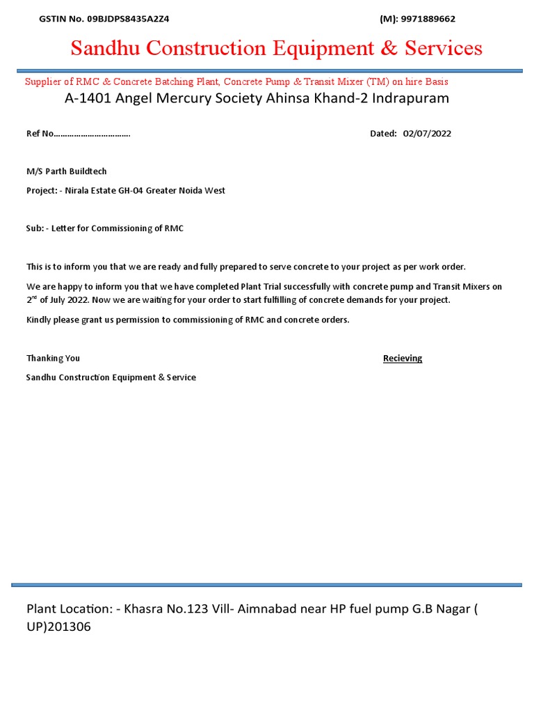 Commisioning Letter For A Construction Site | PDF