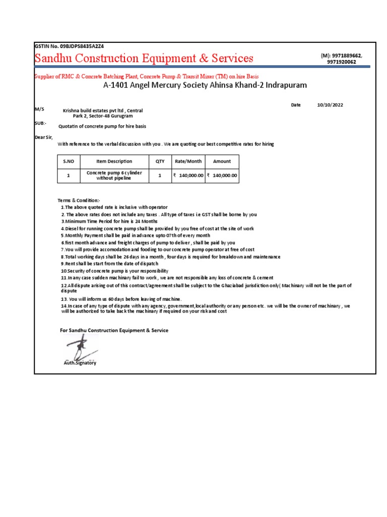Quotation for hiring a 6 cylinder concrete pump without pipeline for ...