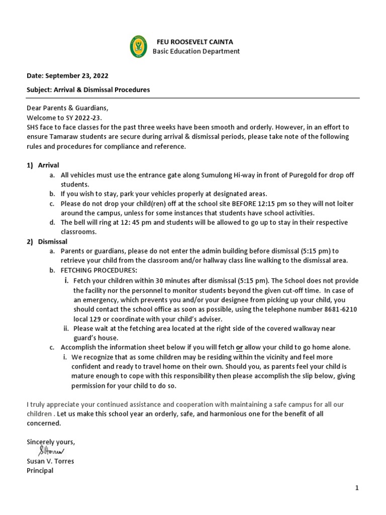 SHS - Arrival Dismissal Procedures PDF | PDF | Social Institutions