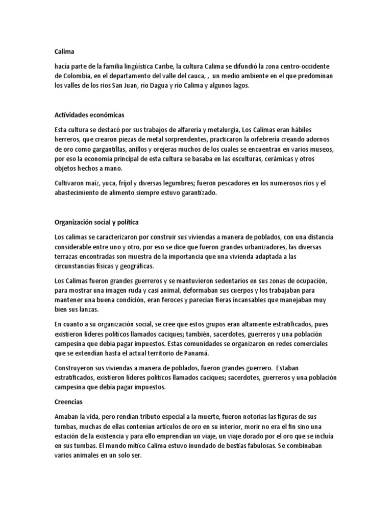 Cultura y organización de los Calimas | PDF