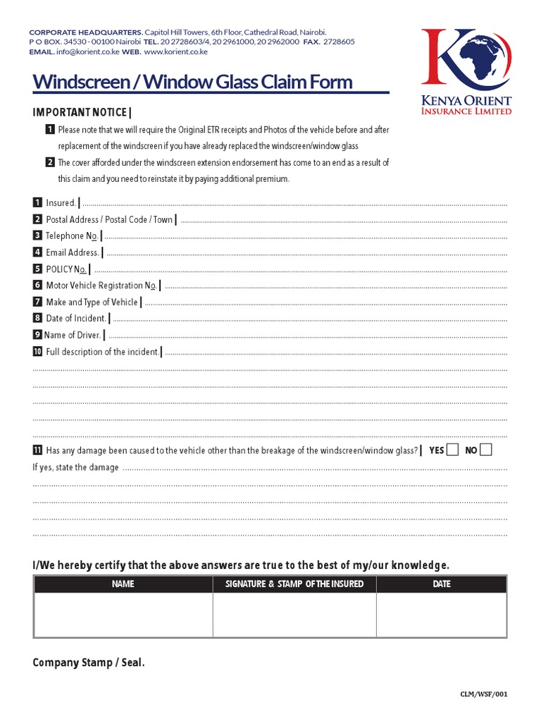 Kenya Orient-Windscreen Form | PDF | Transport | Vehicles