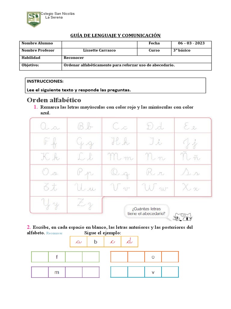 Guía Ordena Alfabetico 3 Básico | PDF