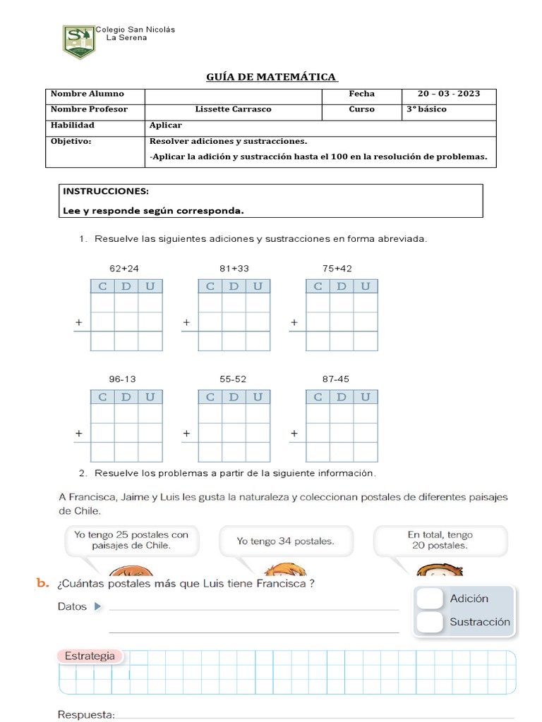GUÍA Adicion y Sustraccion 3 BASICO | PDF