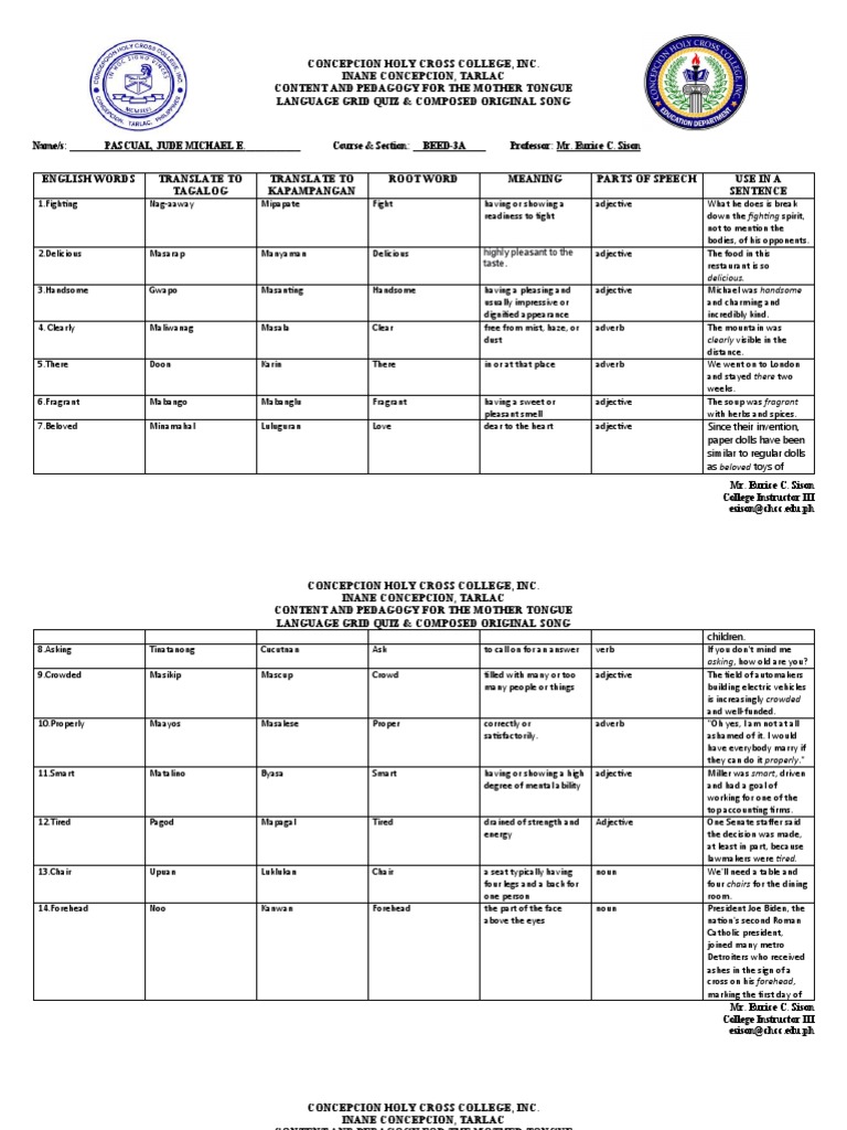 BMC 115 Language Quiz and Song Presentation - Last Name, First Name - Section - Batch 1 OR 2 ...