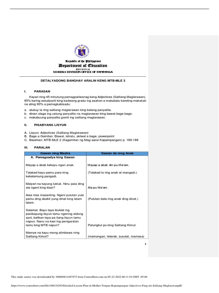 Detailed Lesson Plan in Mother Tongue Kapampangan Adjectives Pang Uri ...