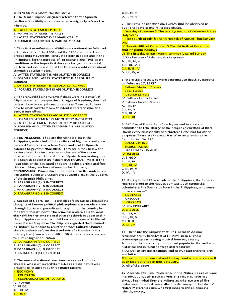 Answer Key CRI 171 COMPRE EXAMINATION Q A | PDF | Philippines | Nationalism