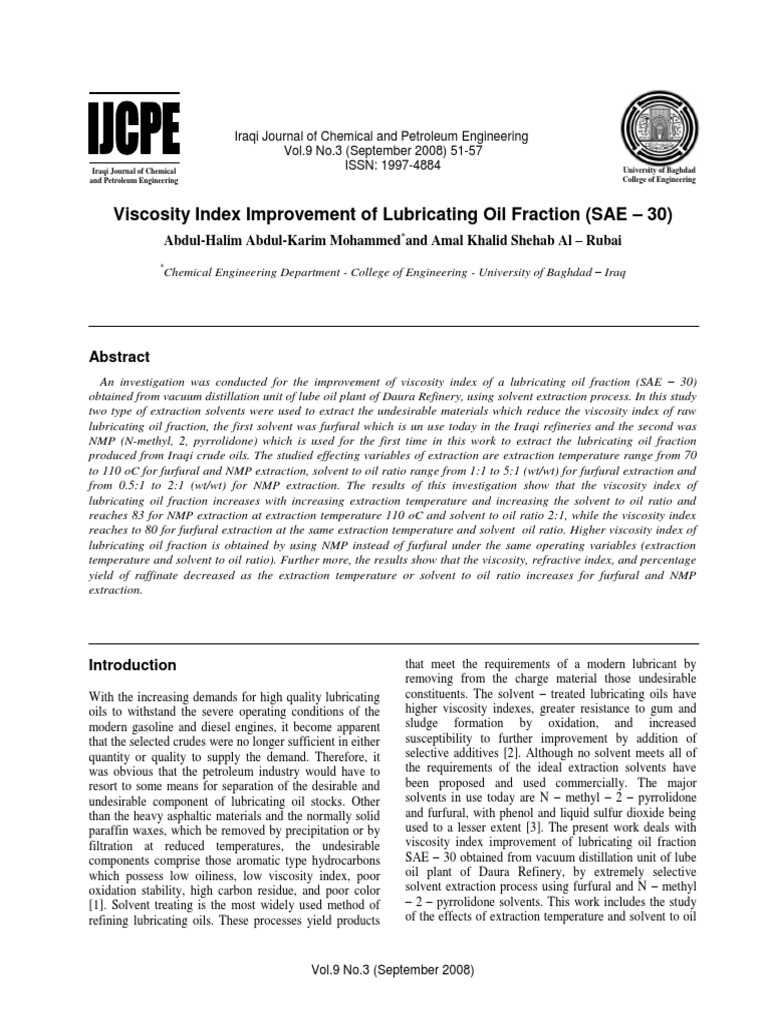 Viscosity Index Improvement Of Lubricating Oil Fraction Sae 30