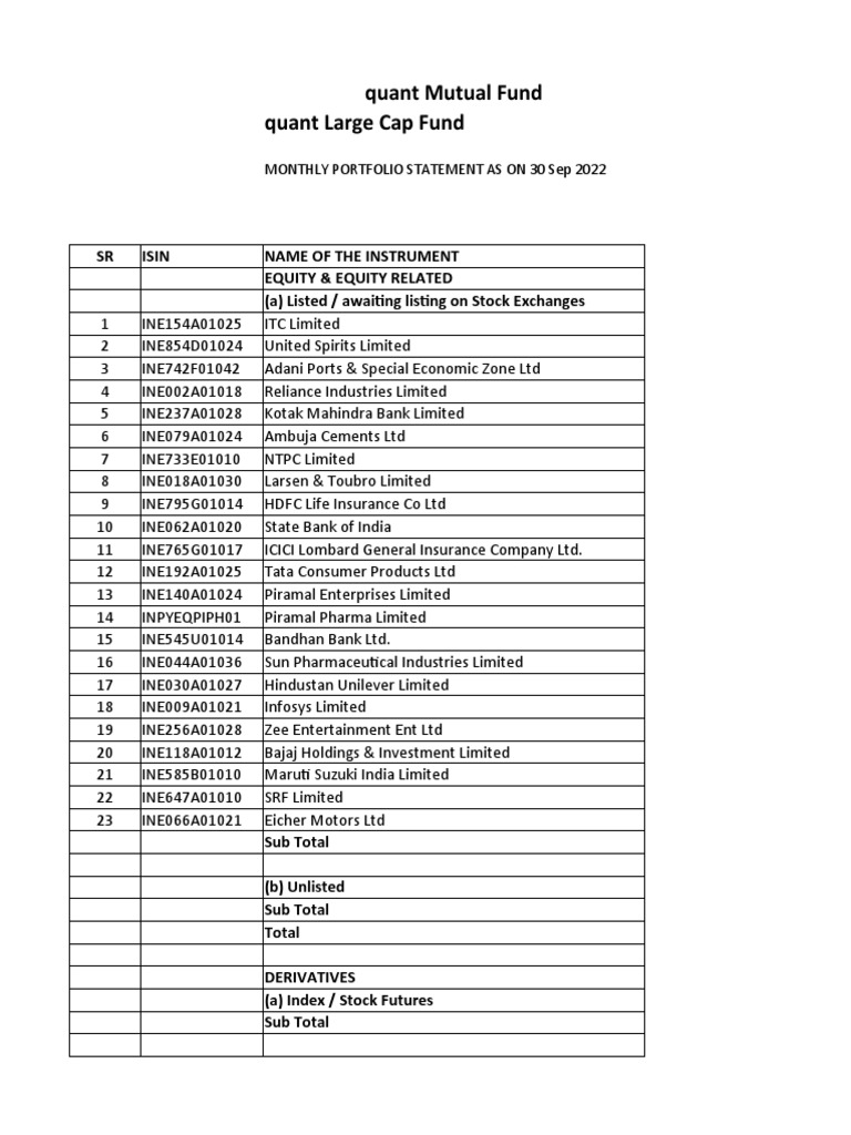 quant Large Cap Fund Portfolio Statement | PDF | Banks | Corporations