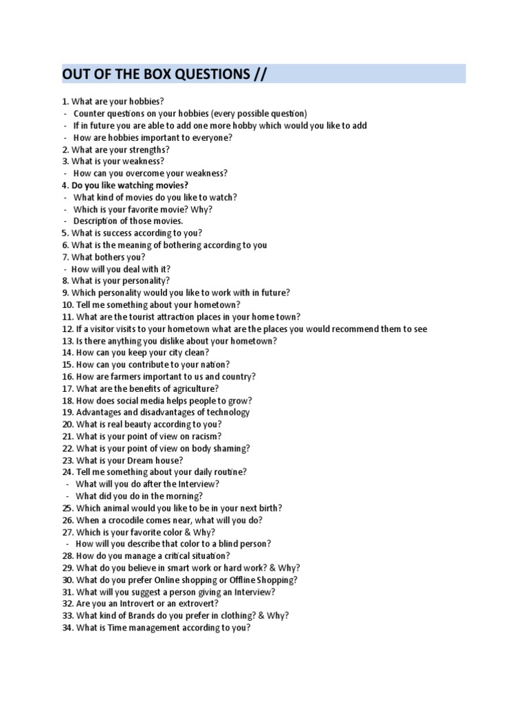 Out of The Box Questions - Updated | PDF