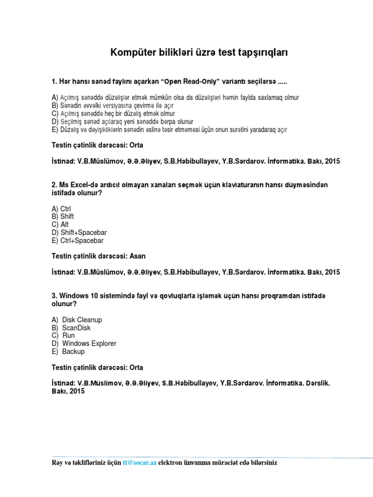 Kompüter Bilikləri Üzrə Test Tapşırıqları i7KkN24 PDF | PDF