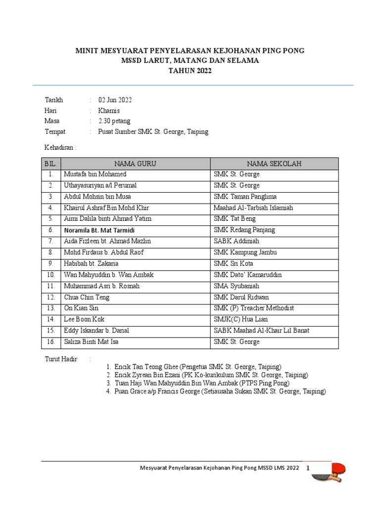 MINIT MESYUARAT PENYELARASAN KEJOHANAN PING PONG Tahun 2022 | PDF