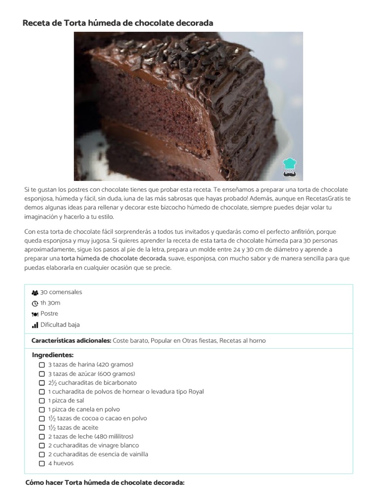 Torta Húmeda de Chocolate Decorada | PDF | Postres | Chocolate