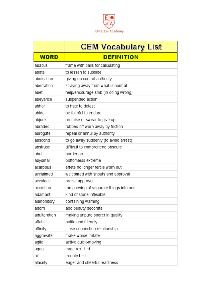 CEM Vocabulary List | PDF