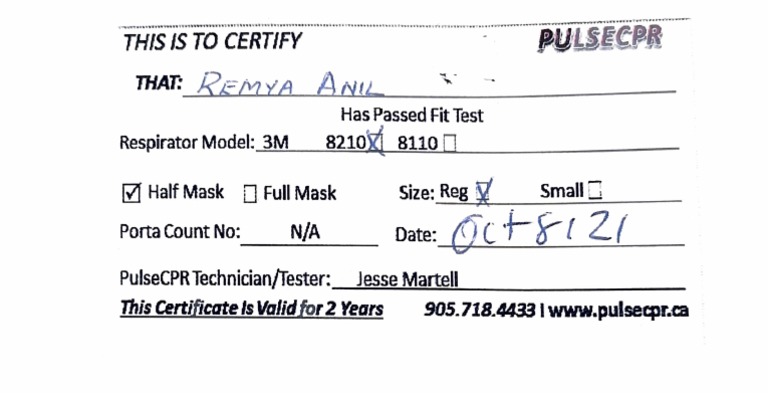 Mask Fit Certificate Ramya | PDF
