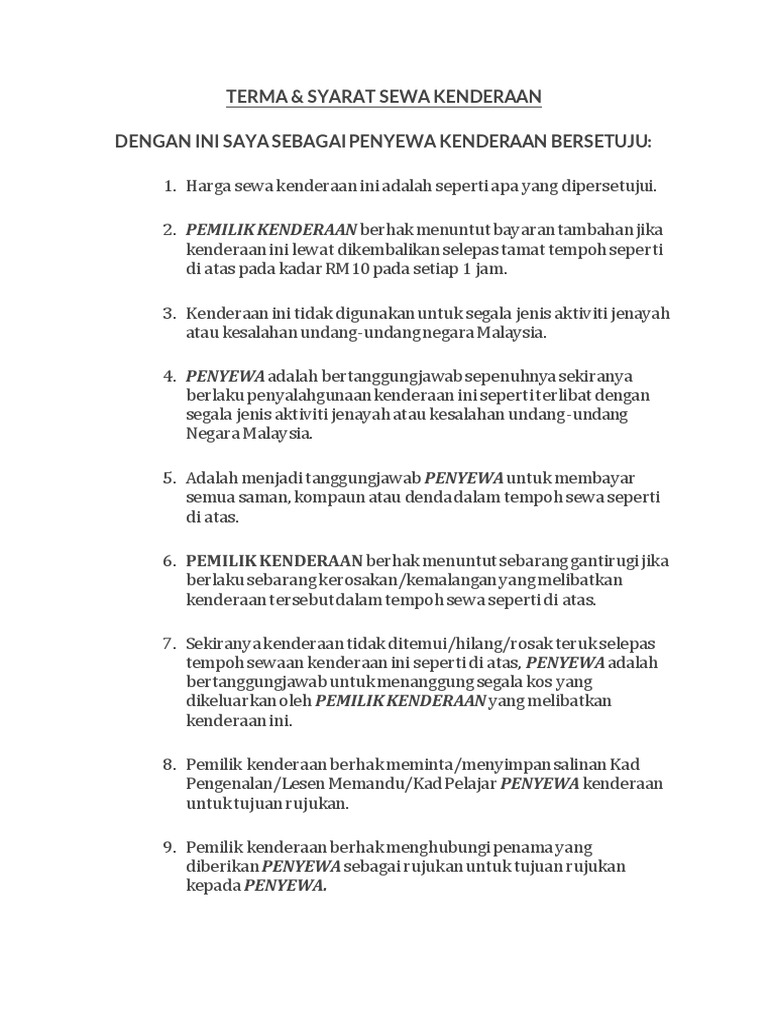 Terma Dan Syarat Sewa Kenderaan | PDF