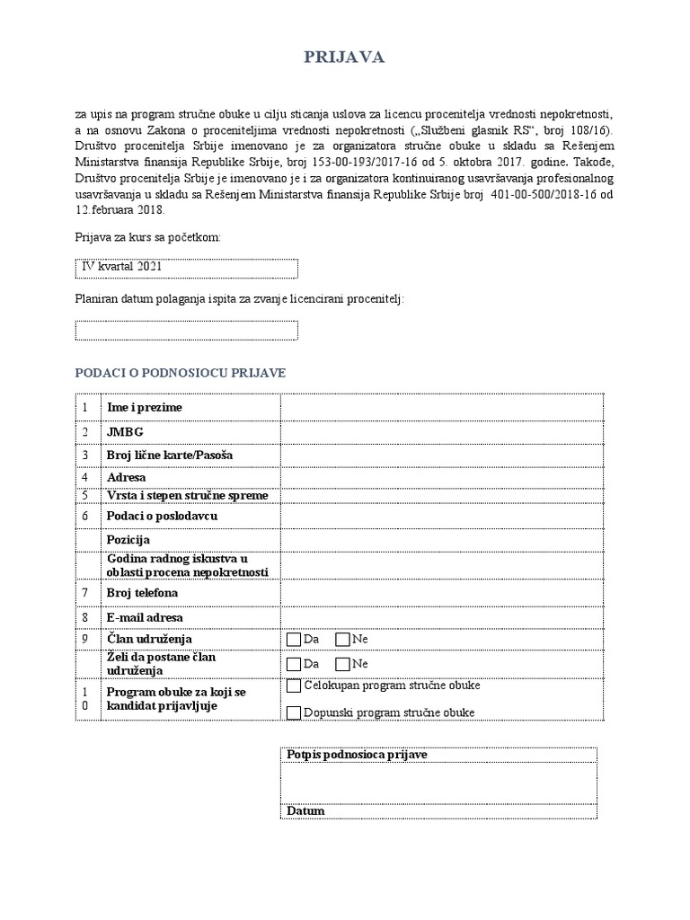 Drustvo Procenitelja Srbije PRIJAVA KANDIDATA IV Kvartal 2021 | PDF