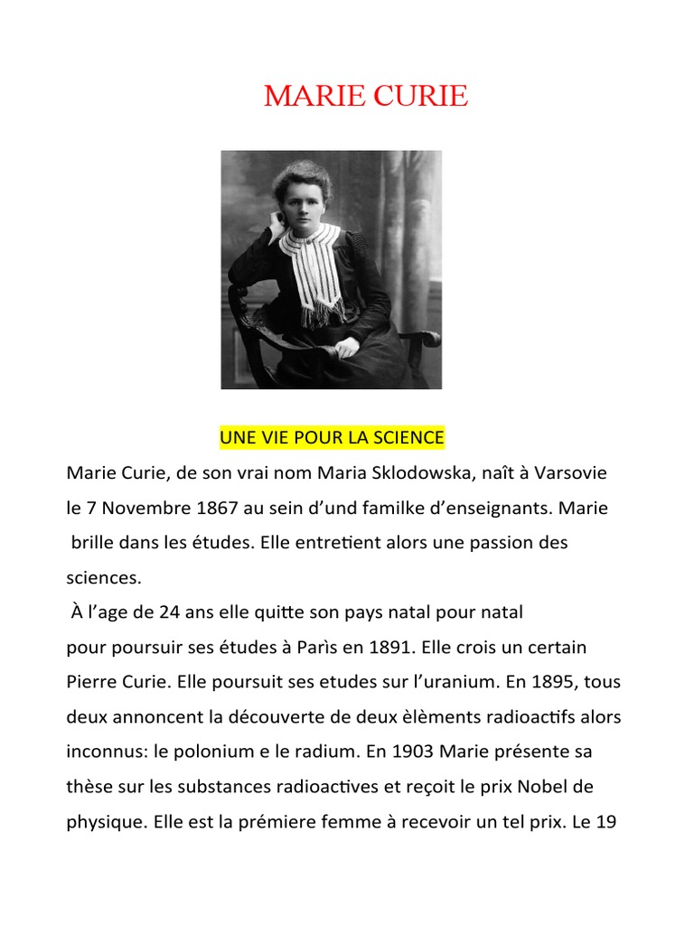 Marie Curie : Pionnière de la radioactivité | PDF | Sciences sociales ...